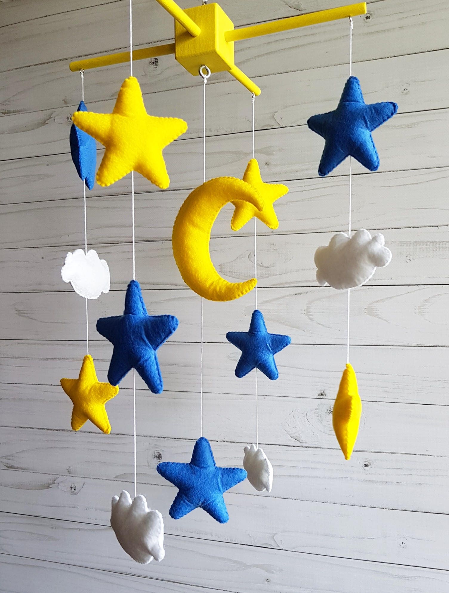 Baby crib mobile Blue yellow Stars Cloods and Moon Space | Etsy