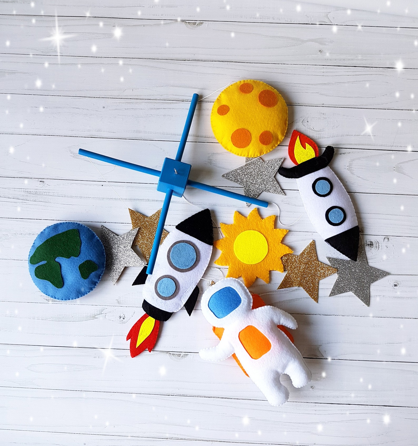 Galaxy Baby Crib Mobile Astronaut Glitter Star Space Rocket Felt ...