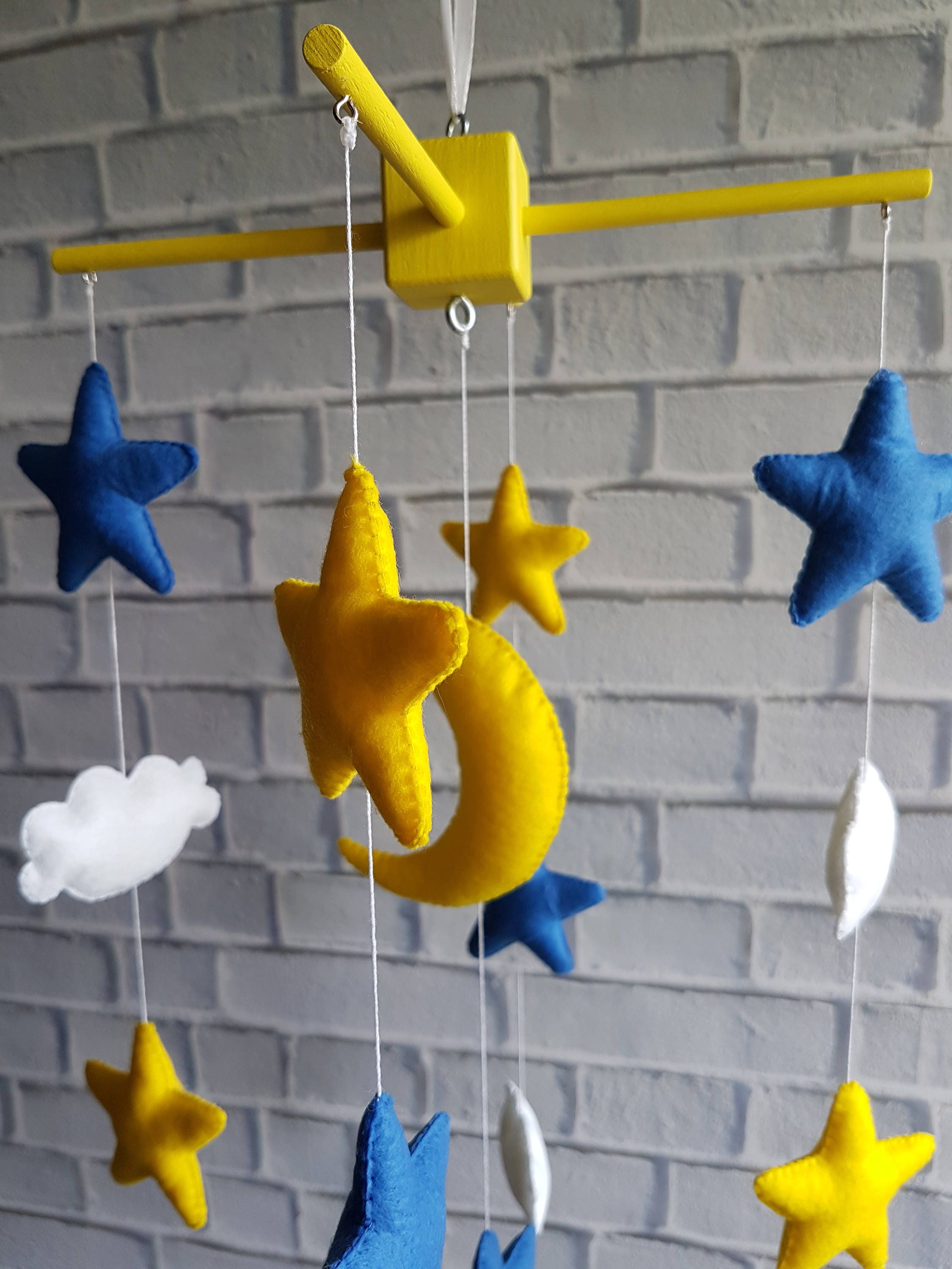 Baby crib mobile Blue yellow Stars Cloods and Moon Space | Etsy