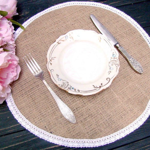Round burlap placemat Burlap and ivory lace Circular wedding ...
