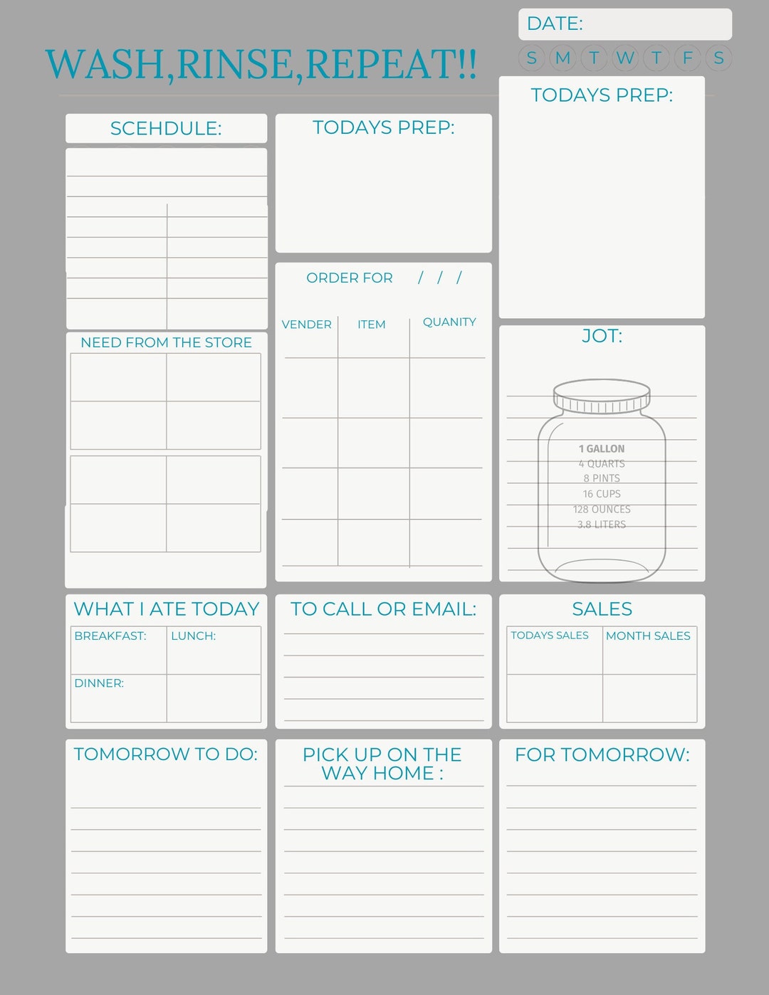 Chef Planner Daily Sales and Order Prep, Download - Etsy