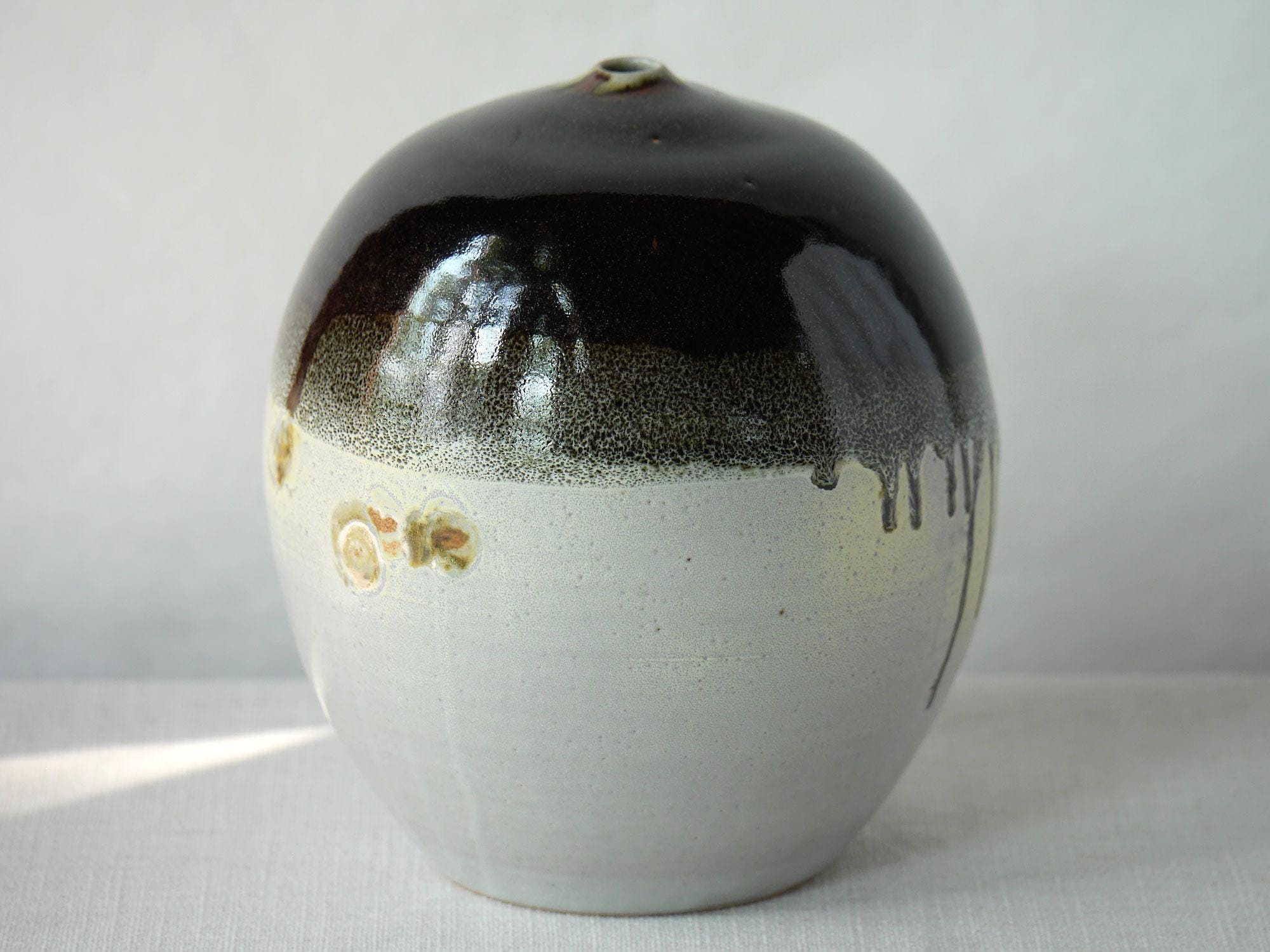 Ceramic Pottery High Fired Orb Shape, Round Vase in Dripped Black Glaze ...