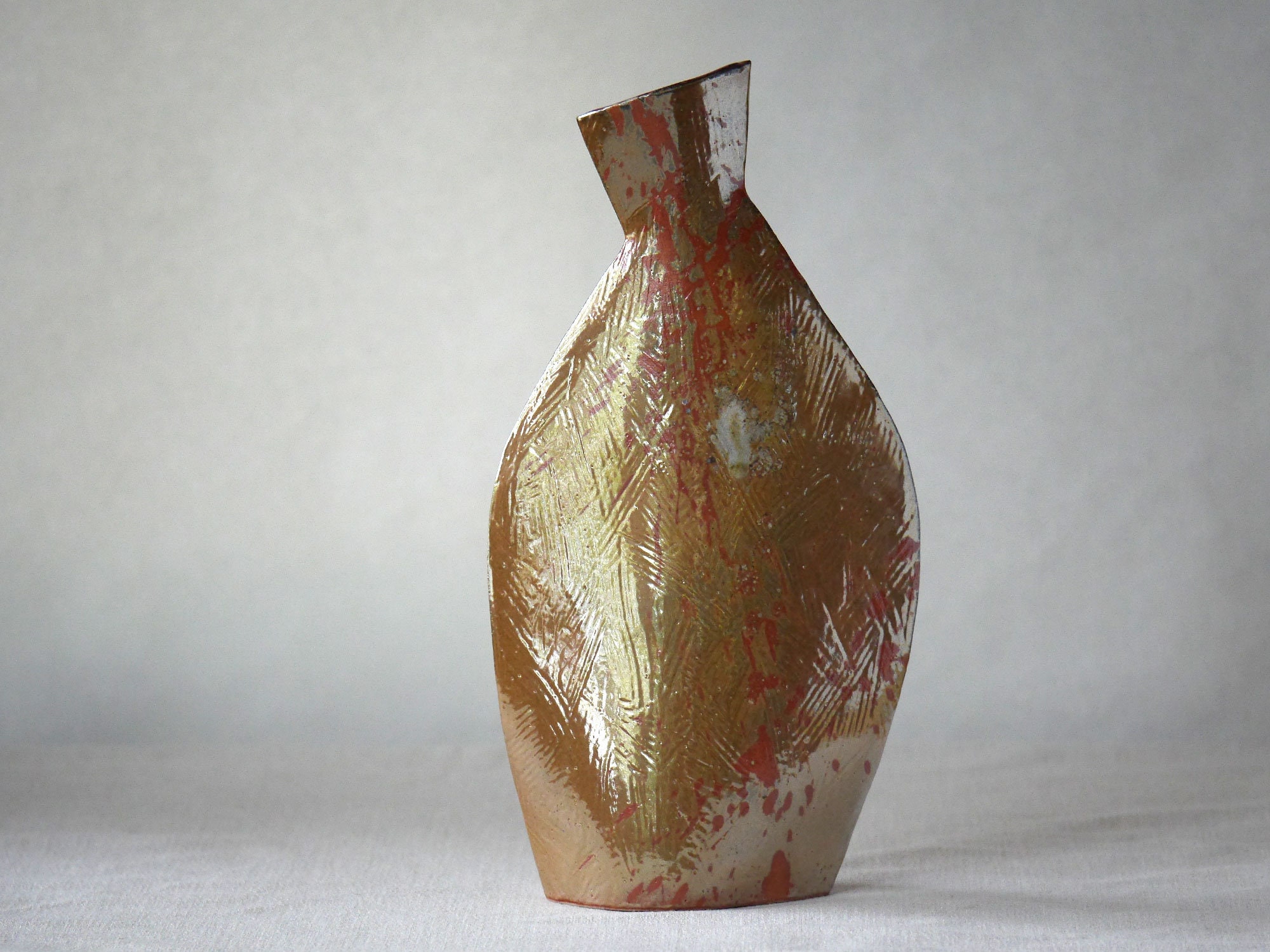 Shino Glazed Ceramic Slab Built Pottery Vase With Angled Edges in Rusty ...