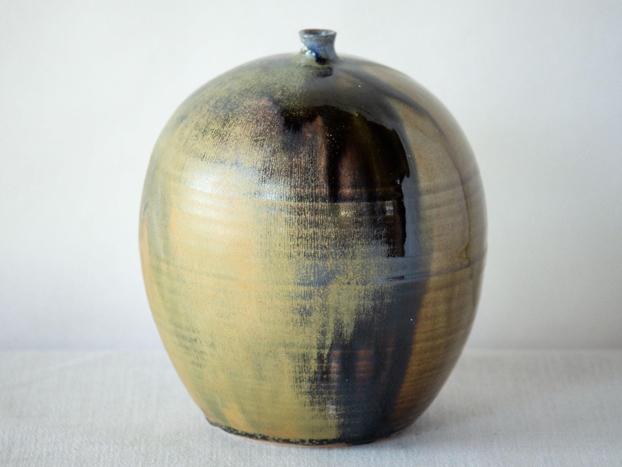 Soda Fired Handthrown Ceramic Pottery Round Moon Shaped Bottle With ...