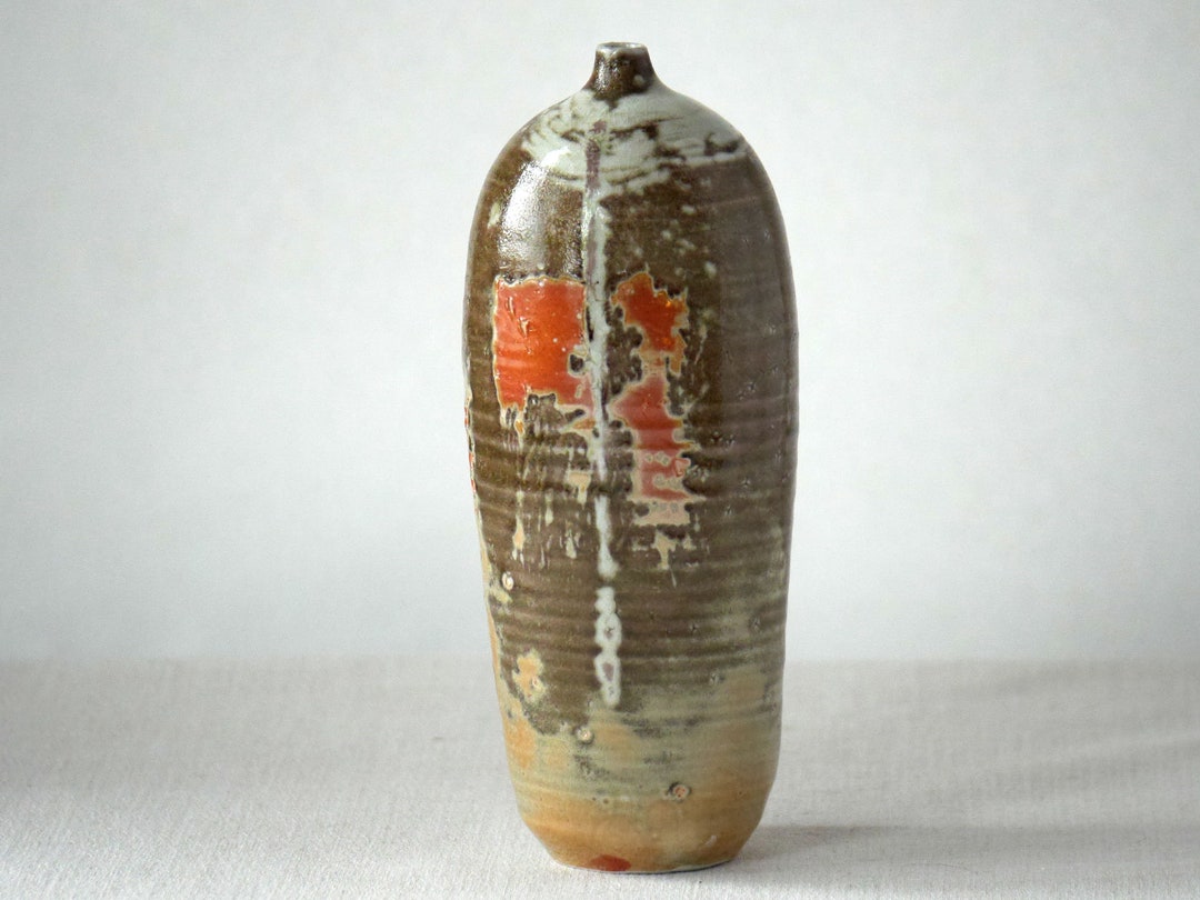 Shino Glazed Ceramic Porcelain Pottery Vase. Tall Handthrown in Rusty ...