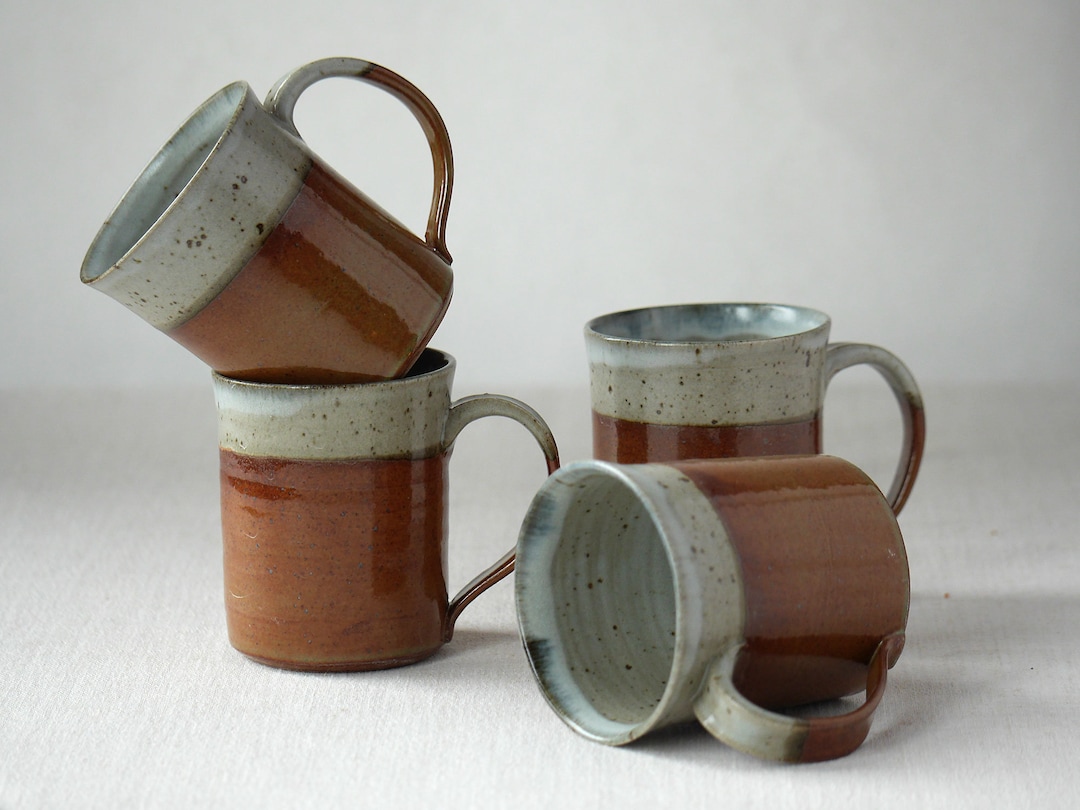 Set of Four Handthrown Speckled Brown Clay Pottery Coffee Mugs in White ...