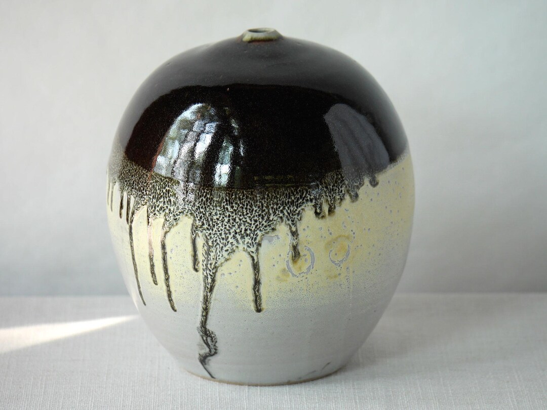 Ceramic Pottery High Fired Orb Shape, Round Vase in Dripped Black Glaze ...