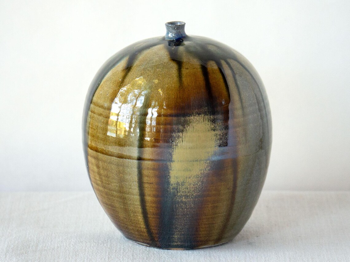 Soda Fired Handthrown Ceramic Pottery Round Moon Shaped Bottle With ...