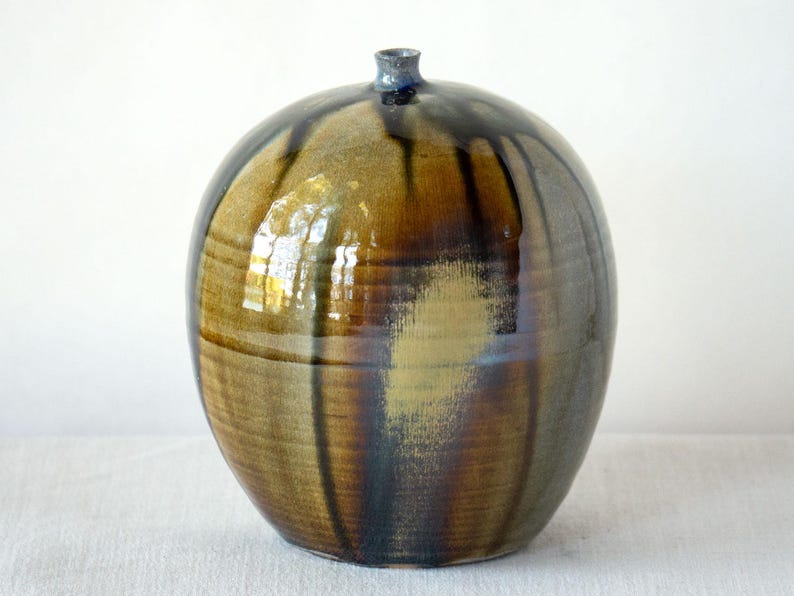 Soda Fired Handthrown Ceramic Pottery Round Moon Shaped Bottle With ...