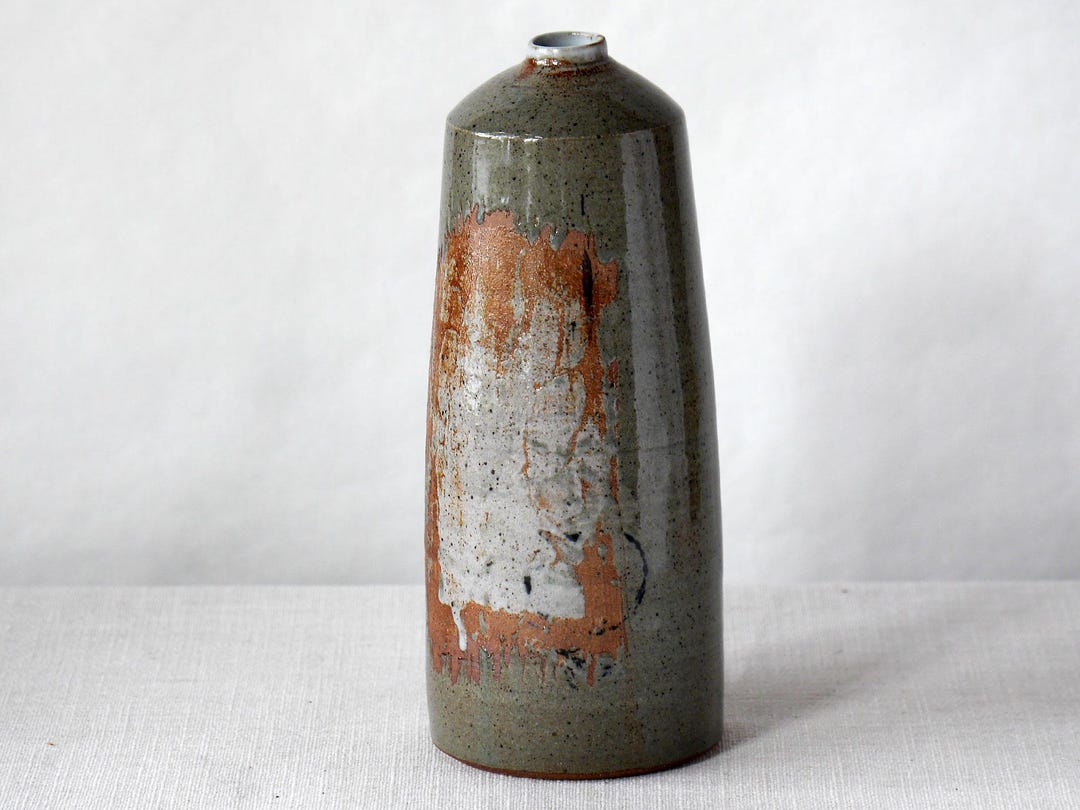 Tall High Fire Ceramic Pottery Vase Bottle Angled Asian Style and ...