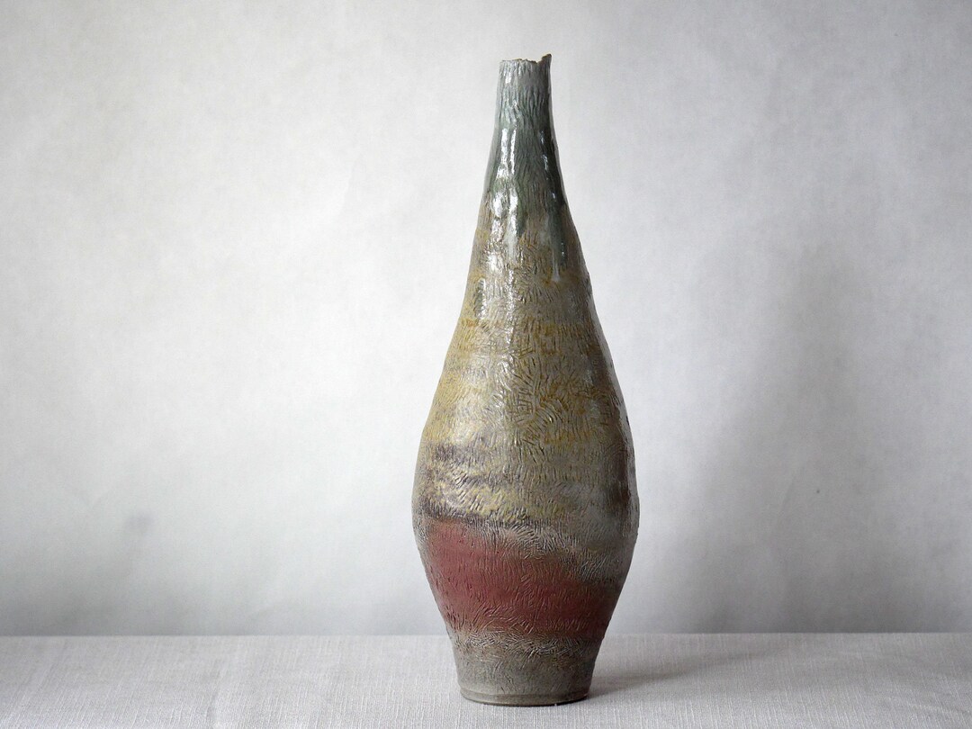 Tall Wood Fired Slab Built Abstract Pottery Vase, Tear Drop Shape, With ...