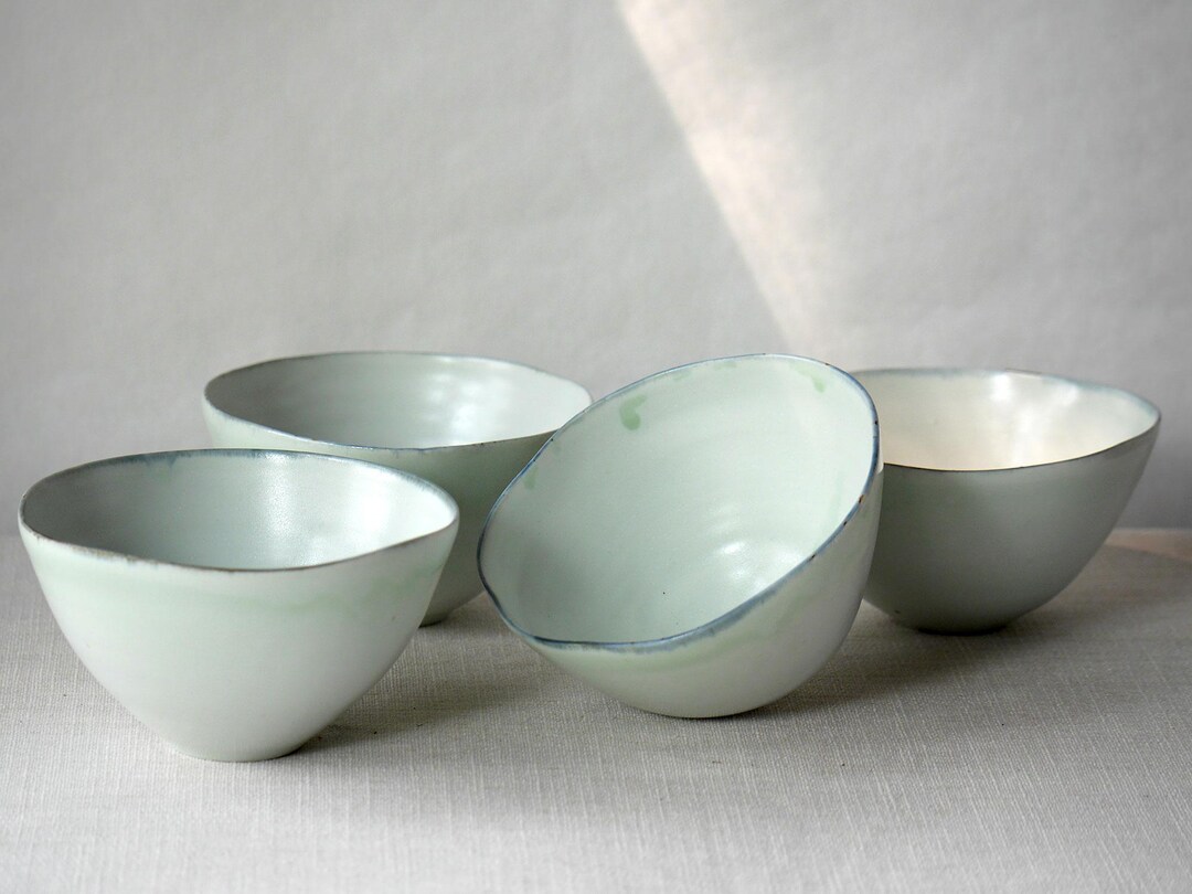Set of 4 Porcelain Tea Bowls in Clean Matte White With a Wavy Altered ...