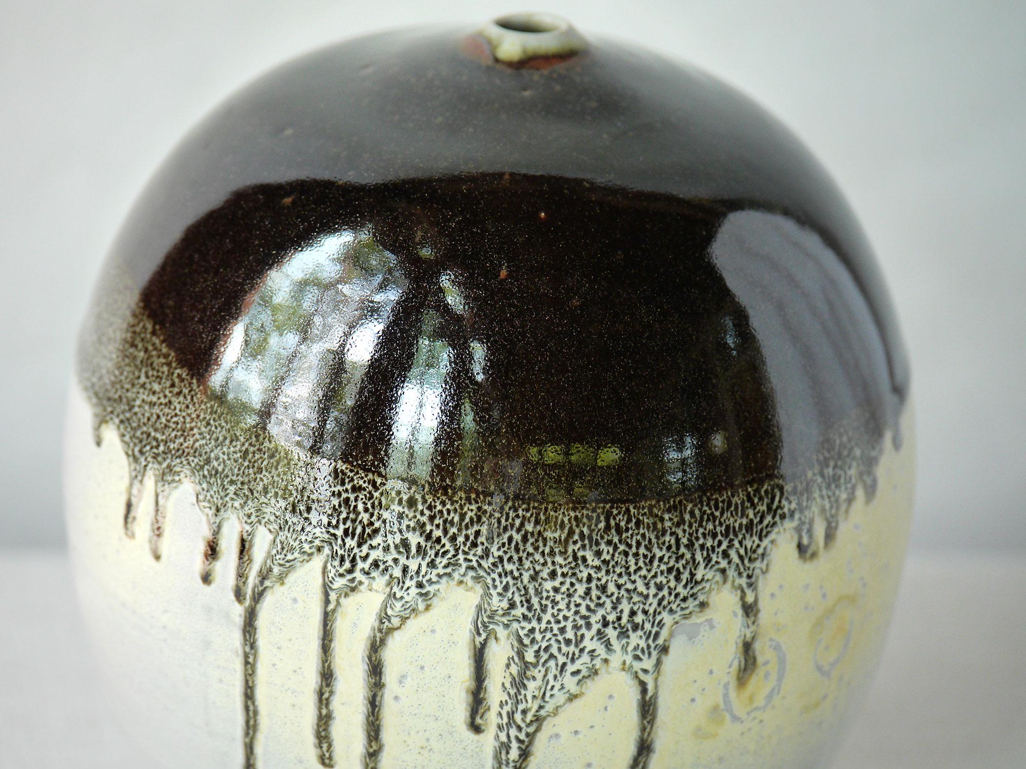Ceramic Pottery High Fired Orb Shape, Round Vase in Dripped Black Glaze ...