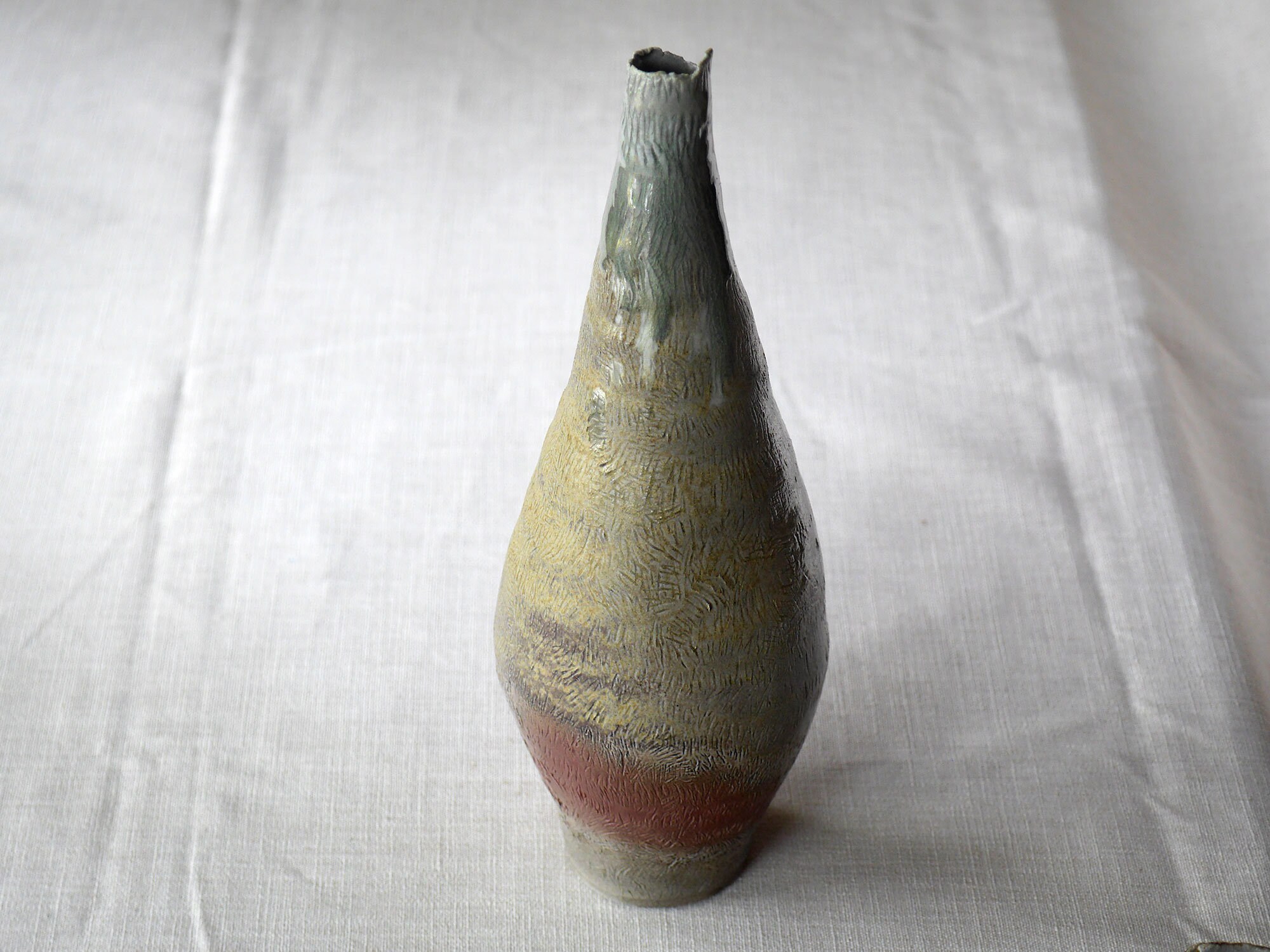 Tall Wood Fired Slab Built Abstract Pottery Vase, Tear Drop Shape, With ...