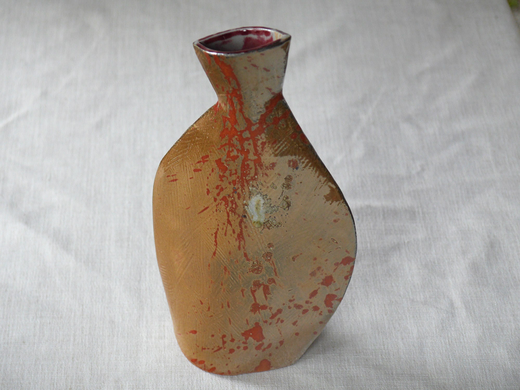 Shino Glazed Ceramic Slab Built Pottery Vase With Angled Edges in Rusty ...