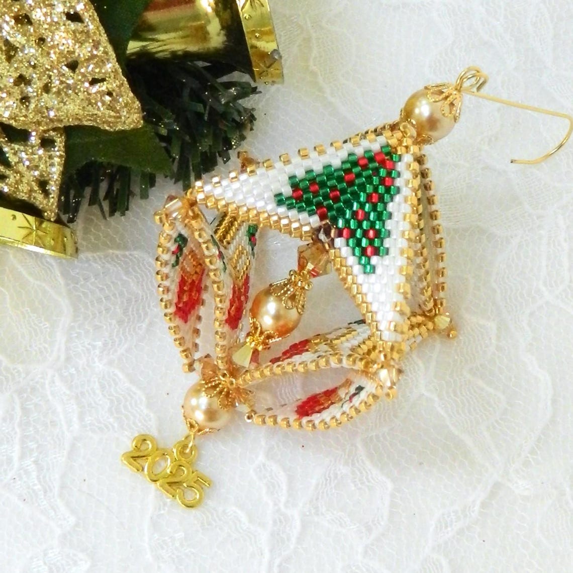 Beaded Christmas Peyote Warped Square Windows Tree Ornament DIY ...
