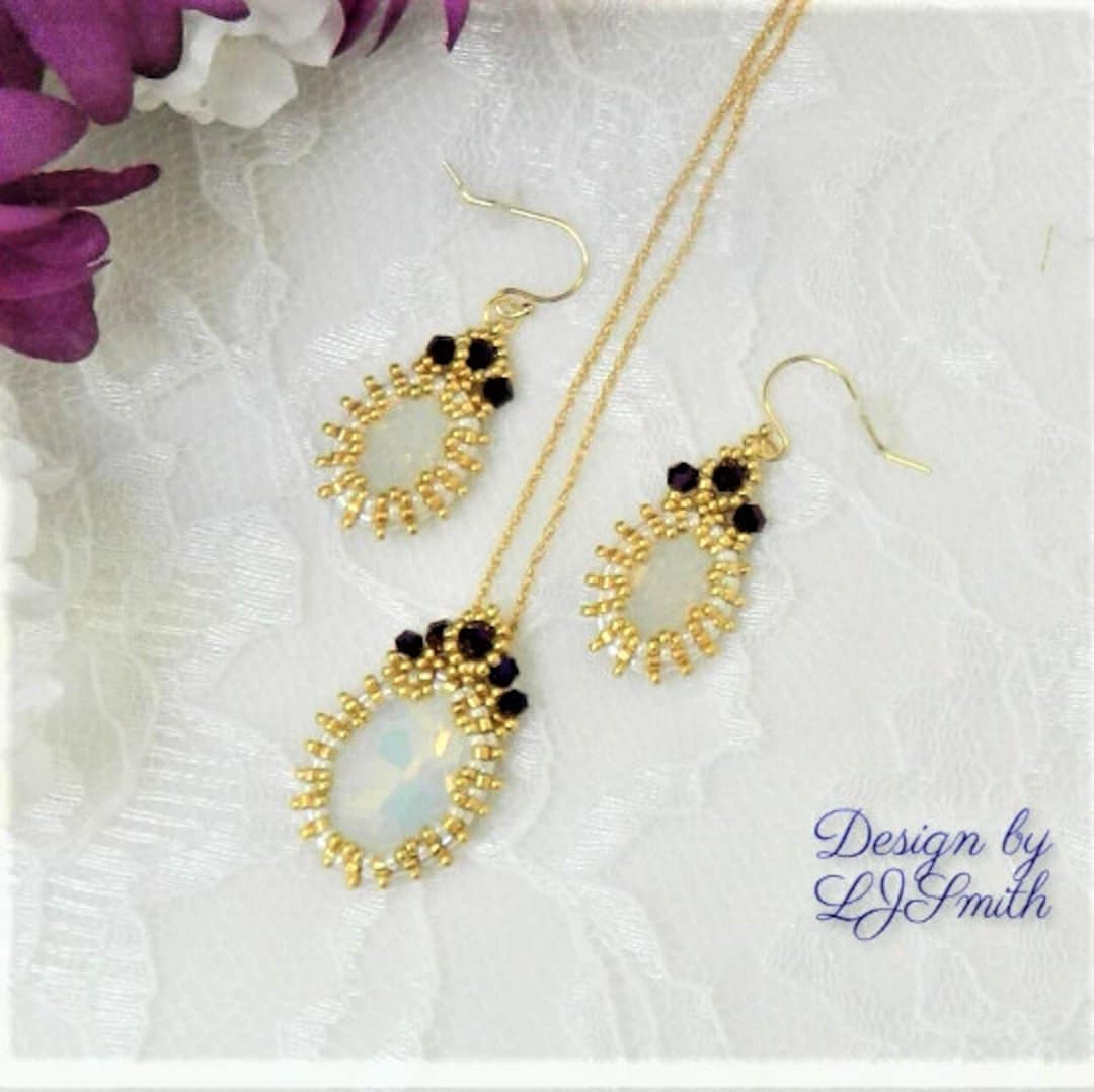 NECKLACE SET TUTORIAL Beaded Oval Bezel princess Pendant and Earrings ...