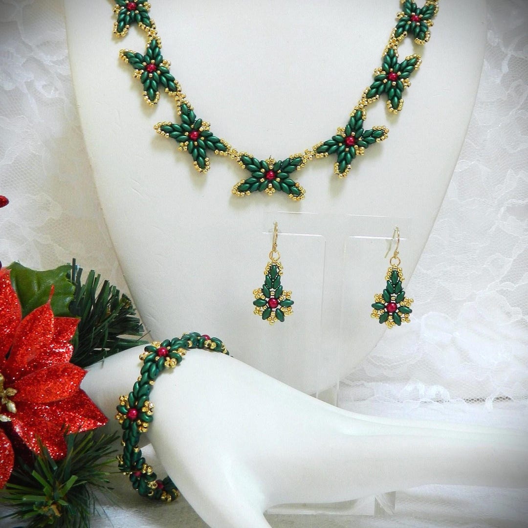 Beaded Superduo "boughs of Holly" Necklace, Bracelet and Earrings DIY ...