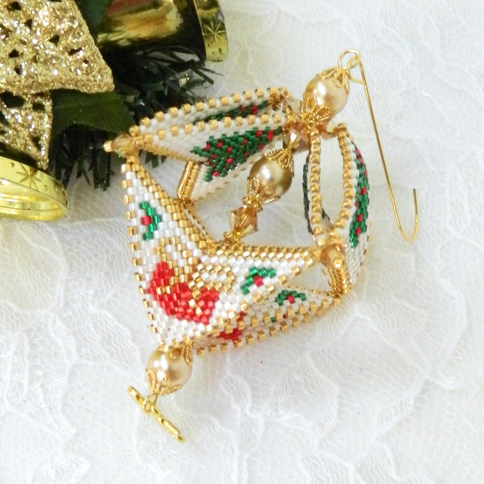 Beaded Christmas Peyote Warped Square Windows Tree Ornament DIY ...