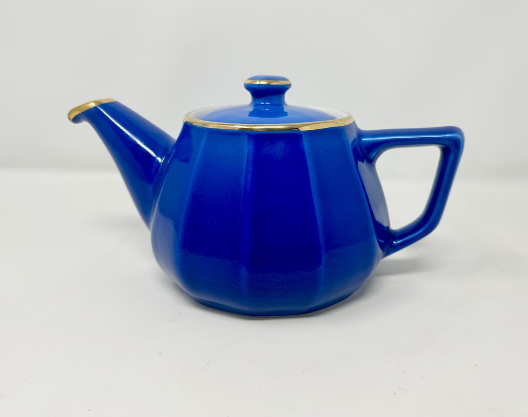 Apilco France Teapot Porcelain Bistro Blue and Gold - Etsy