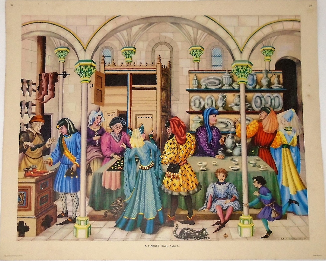 Vintage Macmillan History Poster / Print A Market Hall 15th C. M A ...
