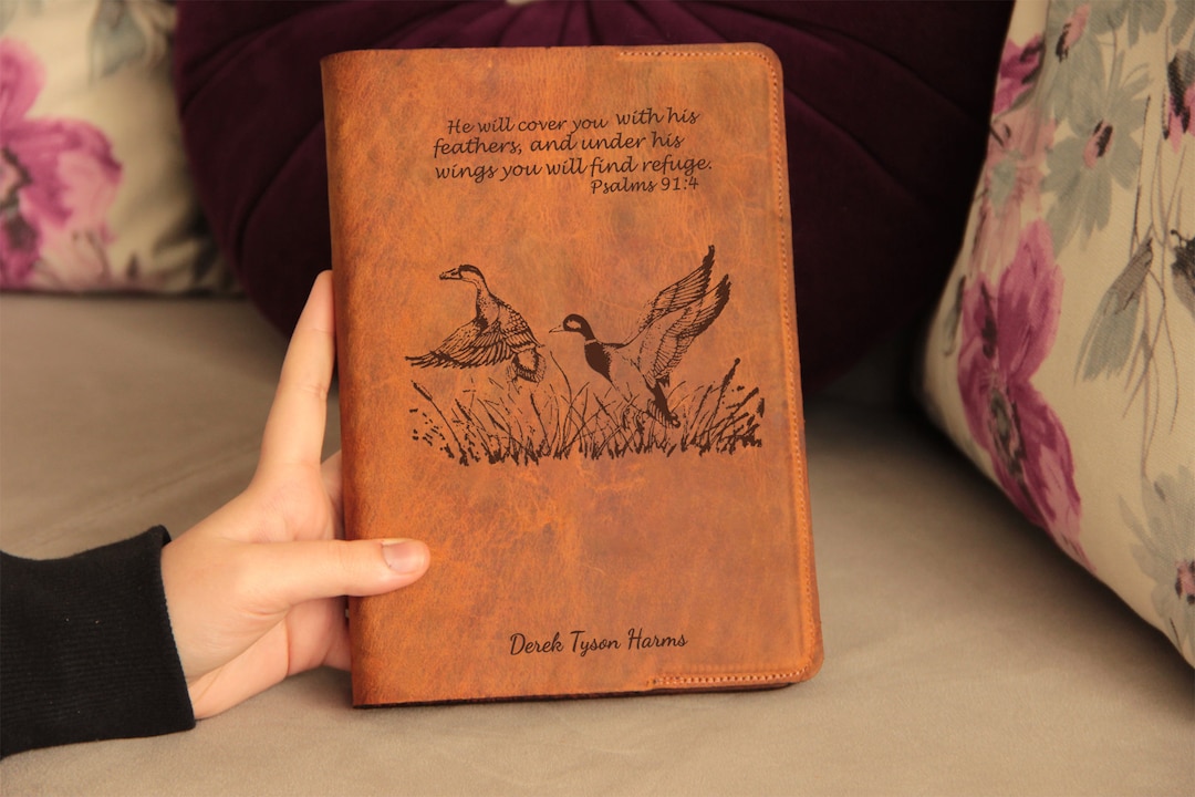 Duck Hunting Bible Cover Laser Engraved Genuine Crazy Horse Leather or ...