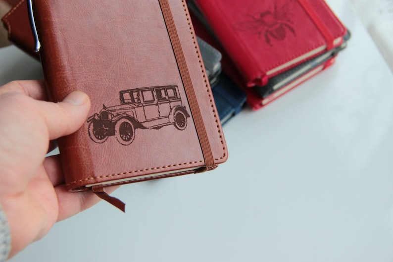 Customizable engraved vintage car Journal leather bound strip | Etsy