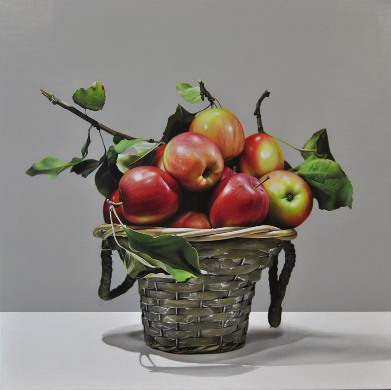 Hyperrealism Apple Oil Painting, Still Life in Basket, Handmade Art - Etsy