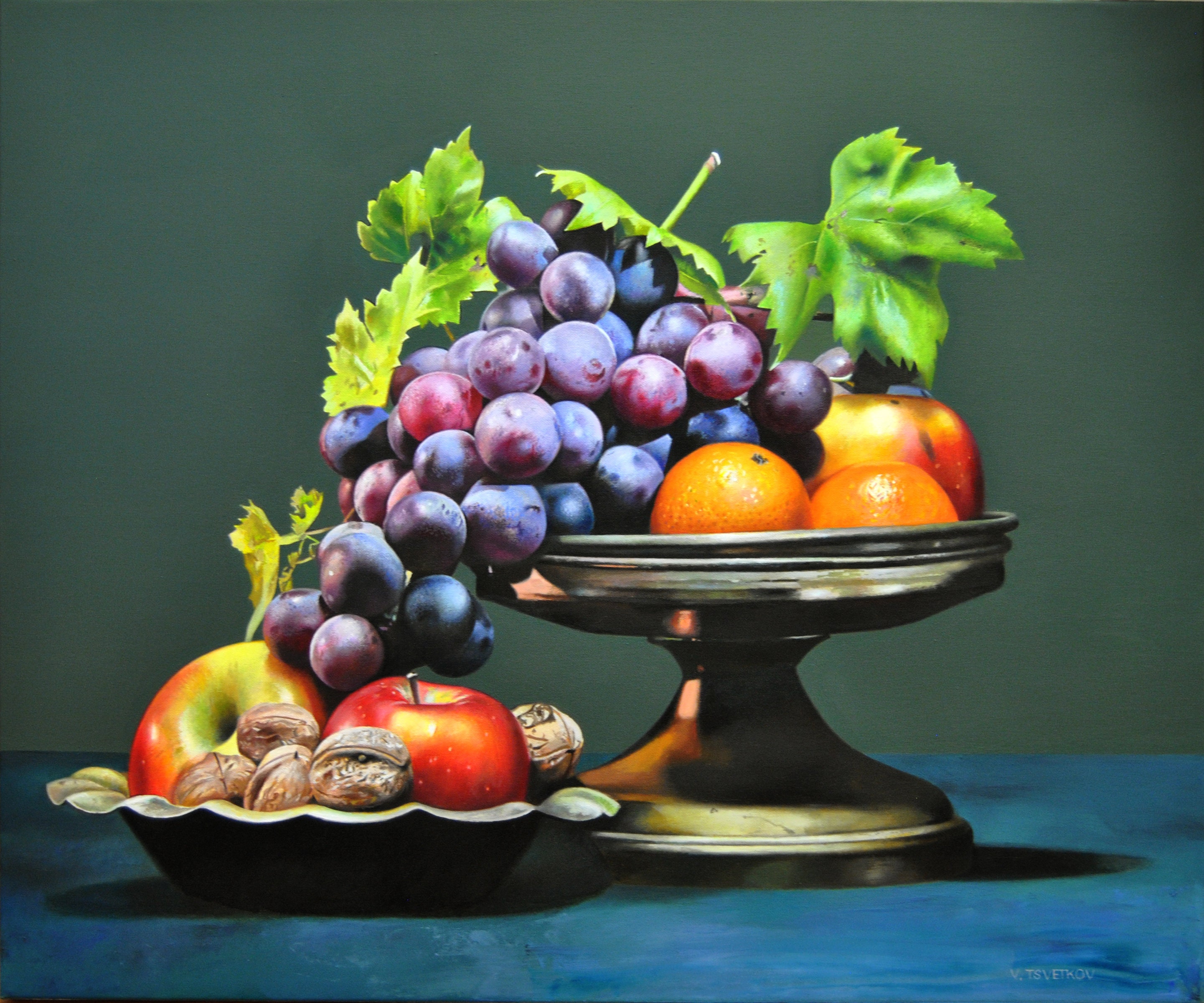 Still Life With Fruits, Realistic Grapes Painting, Red Apples on Canvas ...