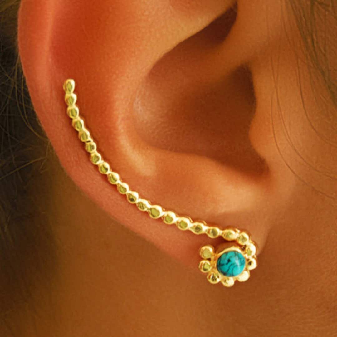 Gold Ear Cuff Ear Climber Climber Earrings Gemstone Earrings Turquoise ...