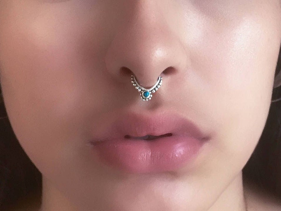 Turquoise Gem Silver Septum Ring - 16G Septum Ring - Tribal Septum Ring ...