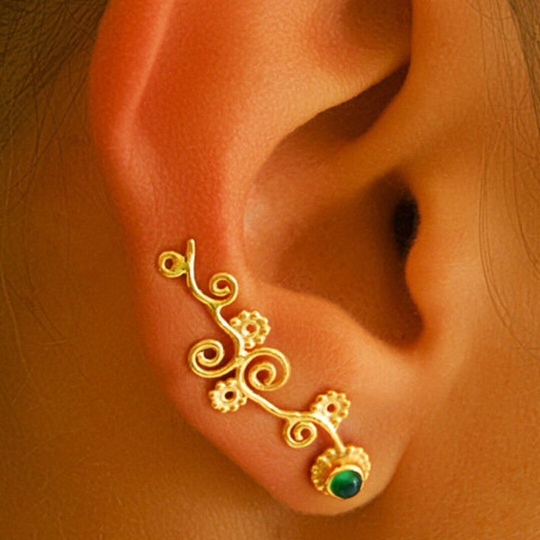 Gold Ear Cuff Ear Climber Climber Earrings Gemstone Earrings Green Onyx ...