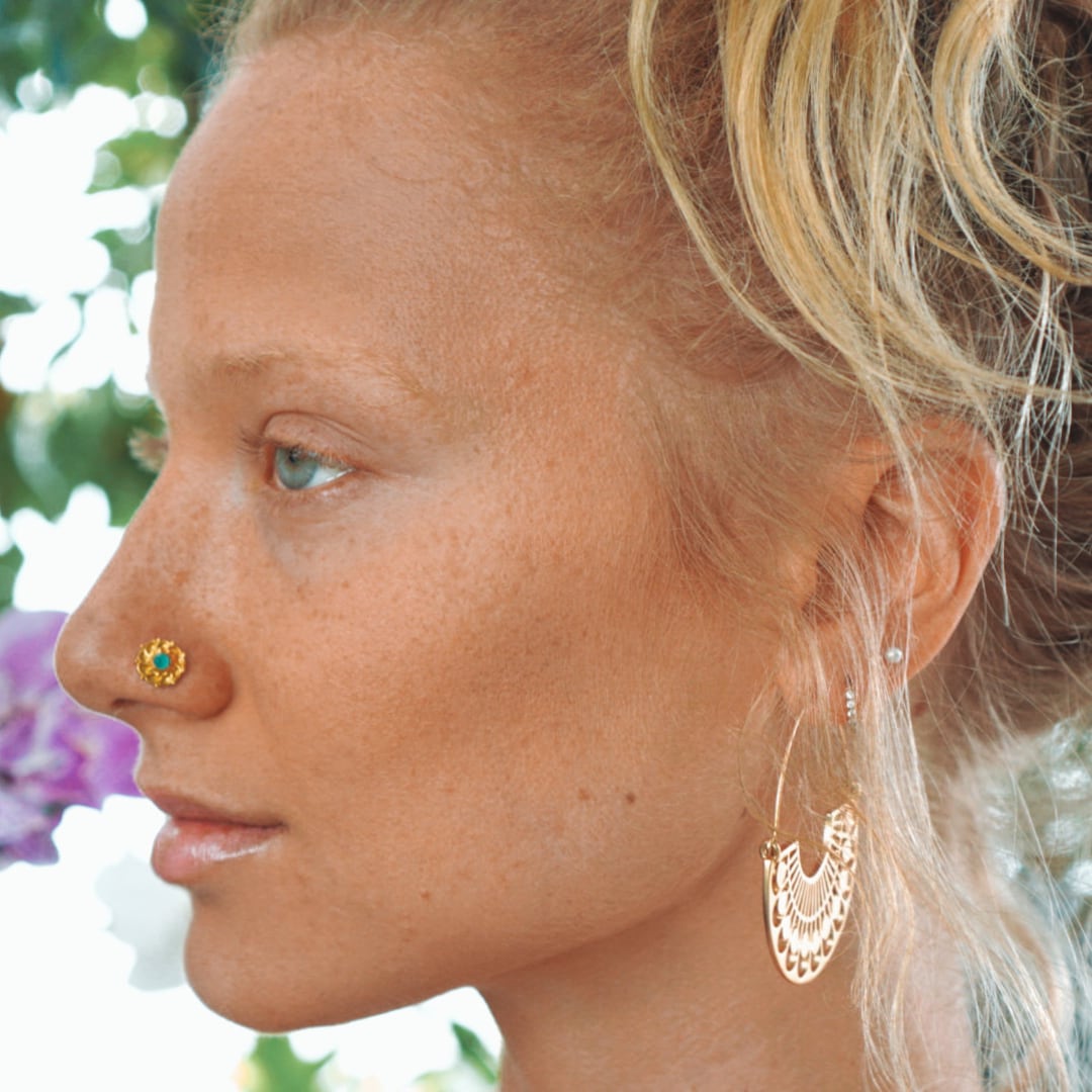 Flower Nose Stud, Gold Nose Pin, Green Onyx Nose Stud, Tribal Nose ...