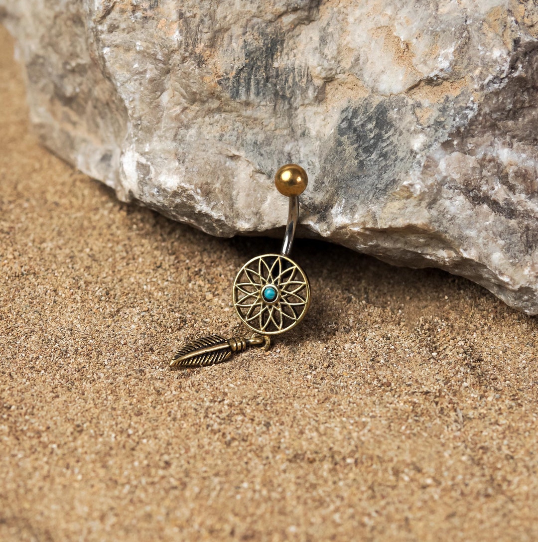 Tribal Belly Button Ring - Brass Flower, Surgical Steel Navel Jewelry ...