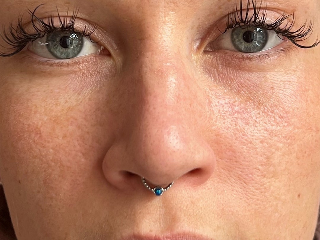 Silver Plated Septum Set With Synthetic Opal, 18 Gauge Septum Ring ...