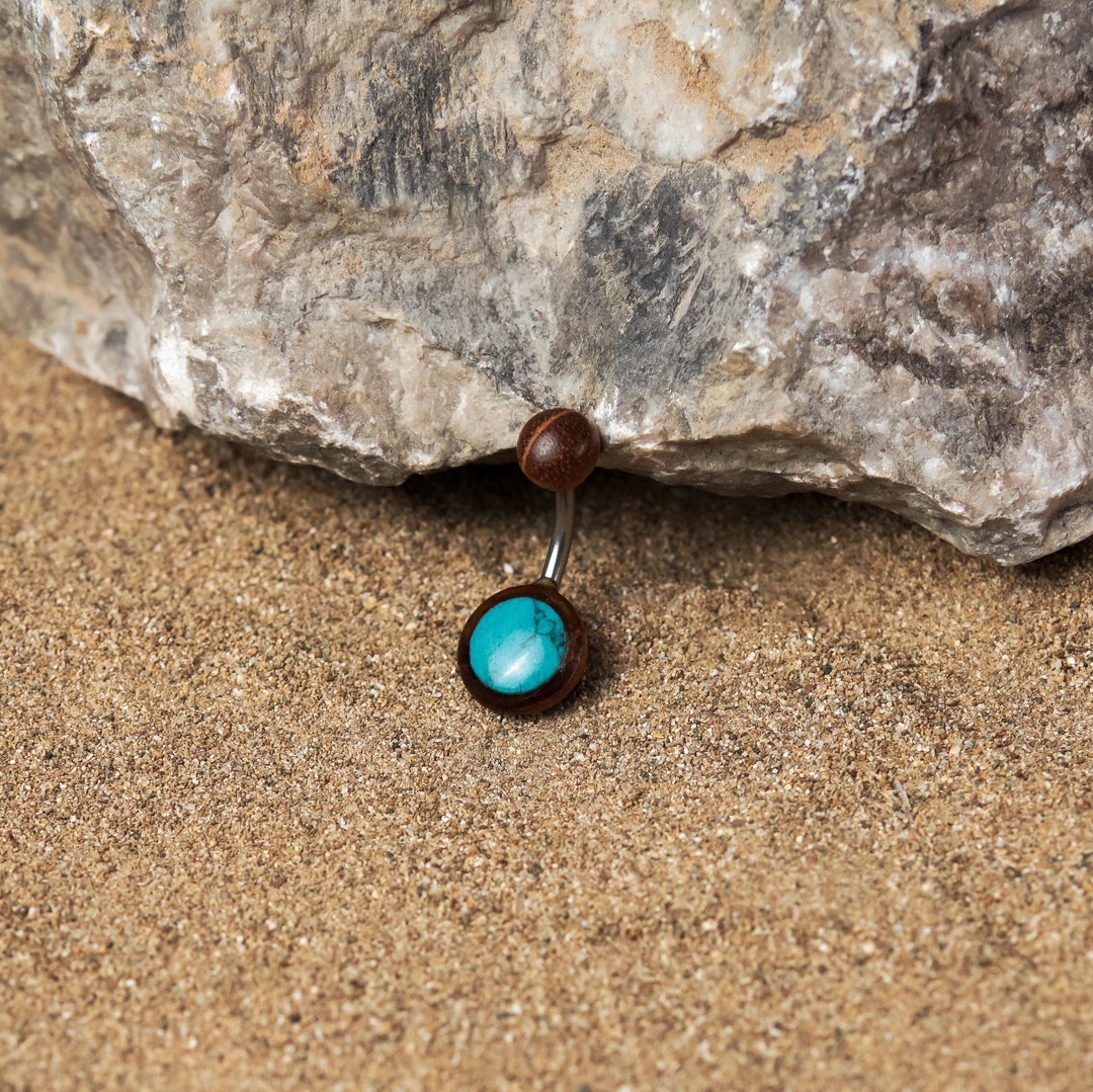 Turquoise Inlaid Wood Belly Button Ring – Surgical Steel Navel Jewelry ...