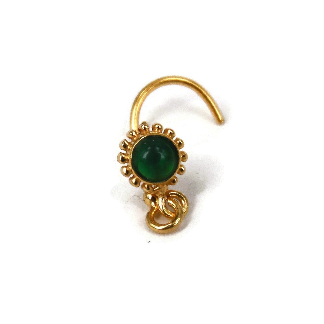 Gold Plated Green Onyx Dangle Nose Stud, Indian Nostril Piercing - Etsy
