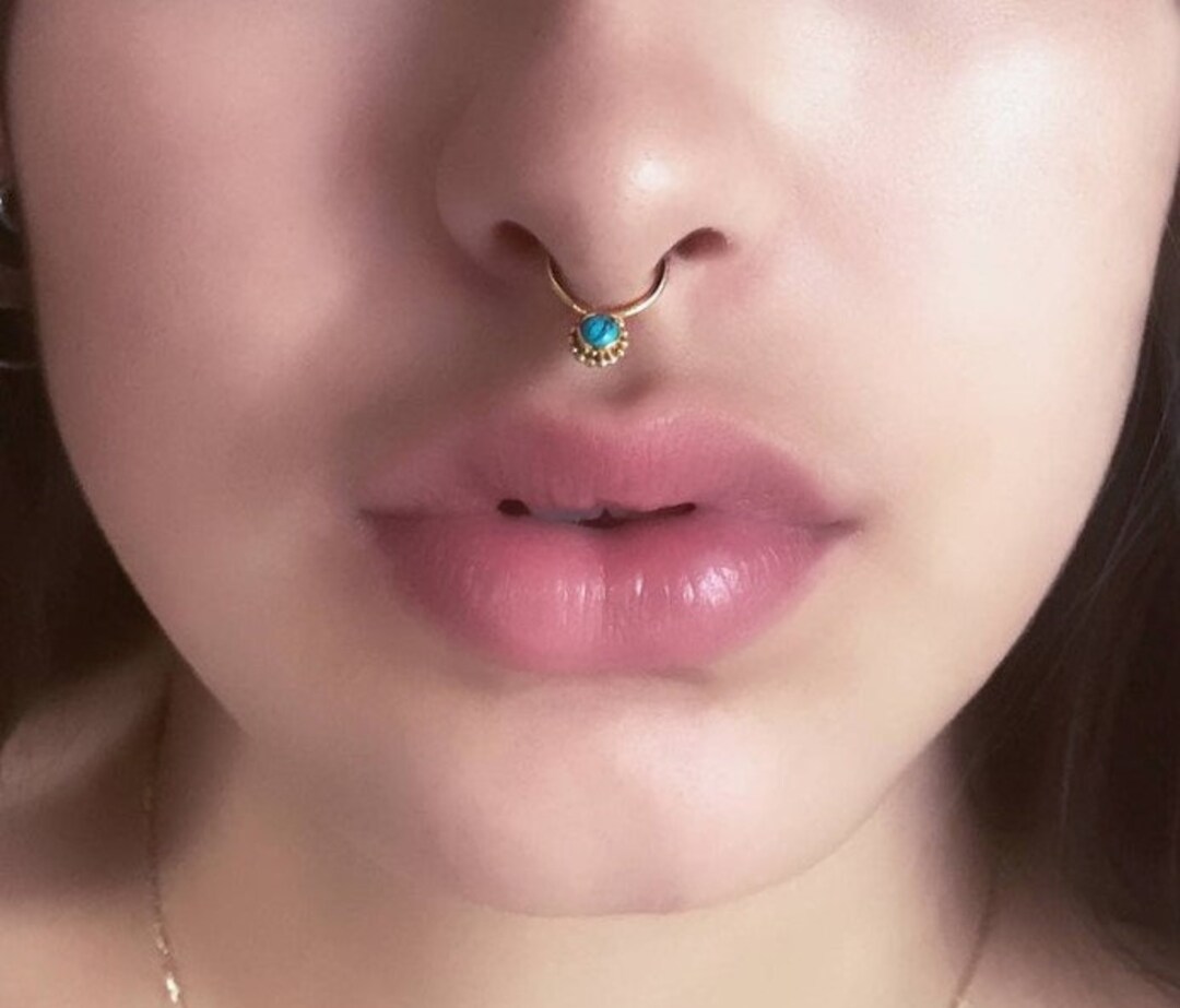 Brass Septum Ring With Turquoise Stone, Flower Septum Ring, Septum ...