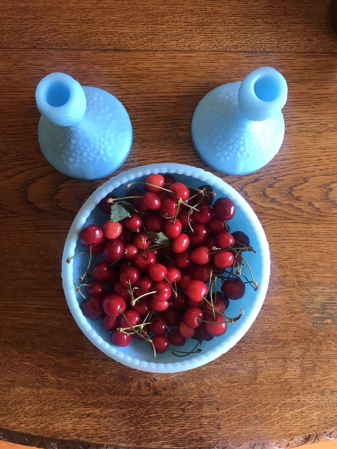 Fenton Orange Tree Cherry Chain Blue Satin Glass Centerpiece | Etsy