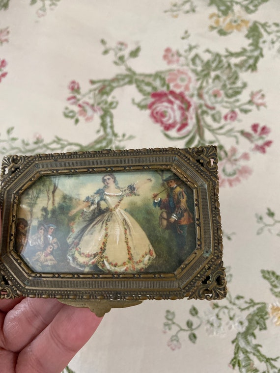 Antique French Fleur de Lis Hand Painted Brass Box - Gem