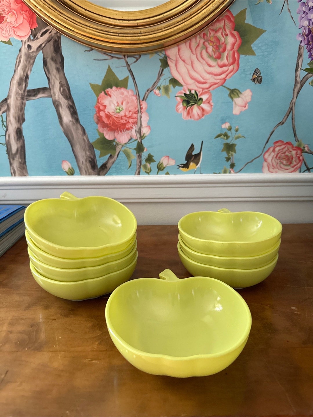 Midcentury Hazel Atlas Apple Chartreuse Green Milk Glass Bowl Set of 8 ...