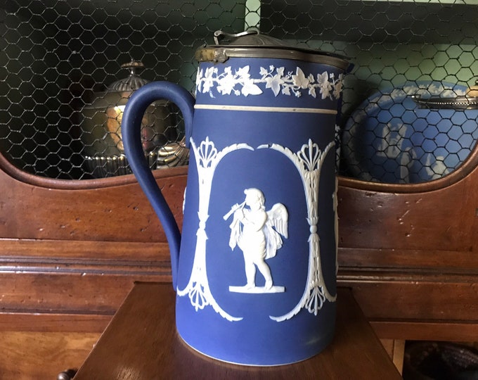 Samuel Lear Cobalt Blue Jasperware 7 Inch Tankard With Pewter Top C ...