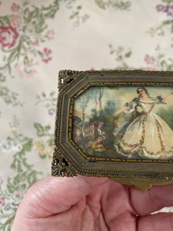 Antique French Fleur de Lis Hand Painted Brass Box - Gem
