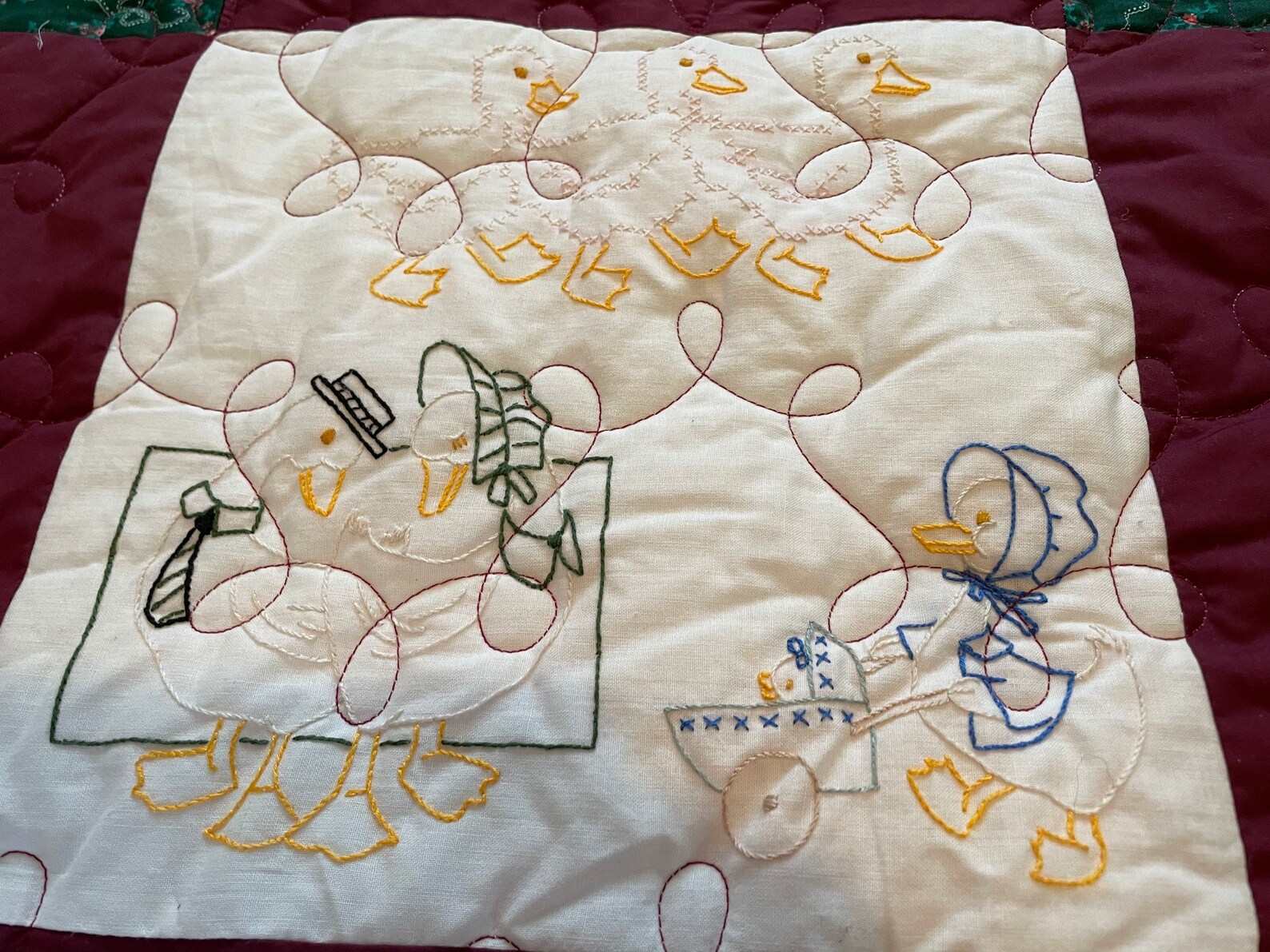 Hand Embroidered Block Quilt, Hand Embroidery, Duck Embroidery, Hand ...