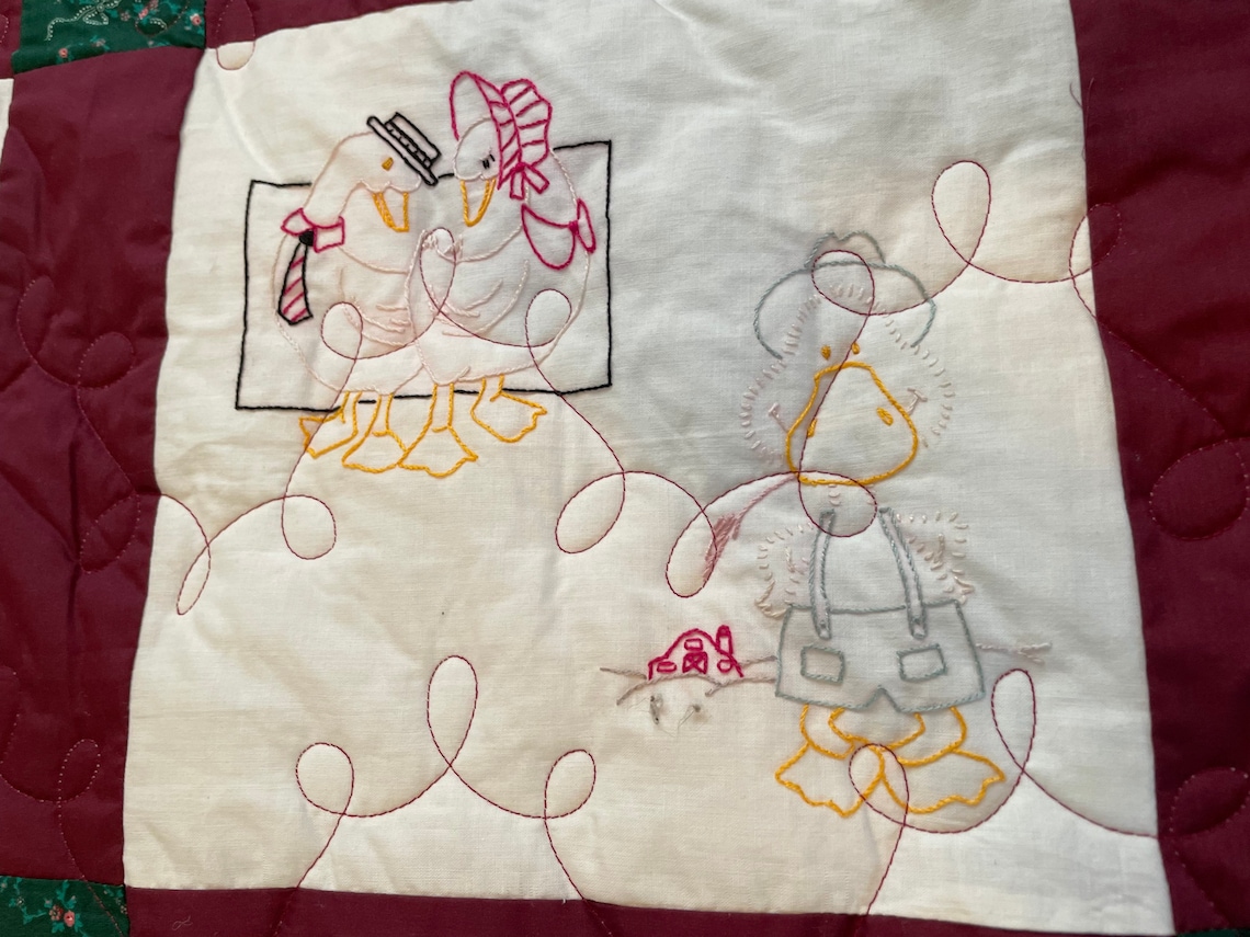 Hand Embroidered Block Quilt, Hand Embroidery, Duck Embroidery, Hand ...