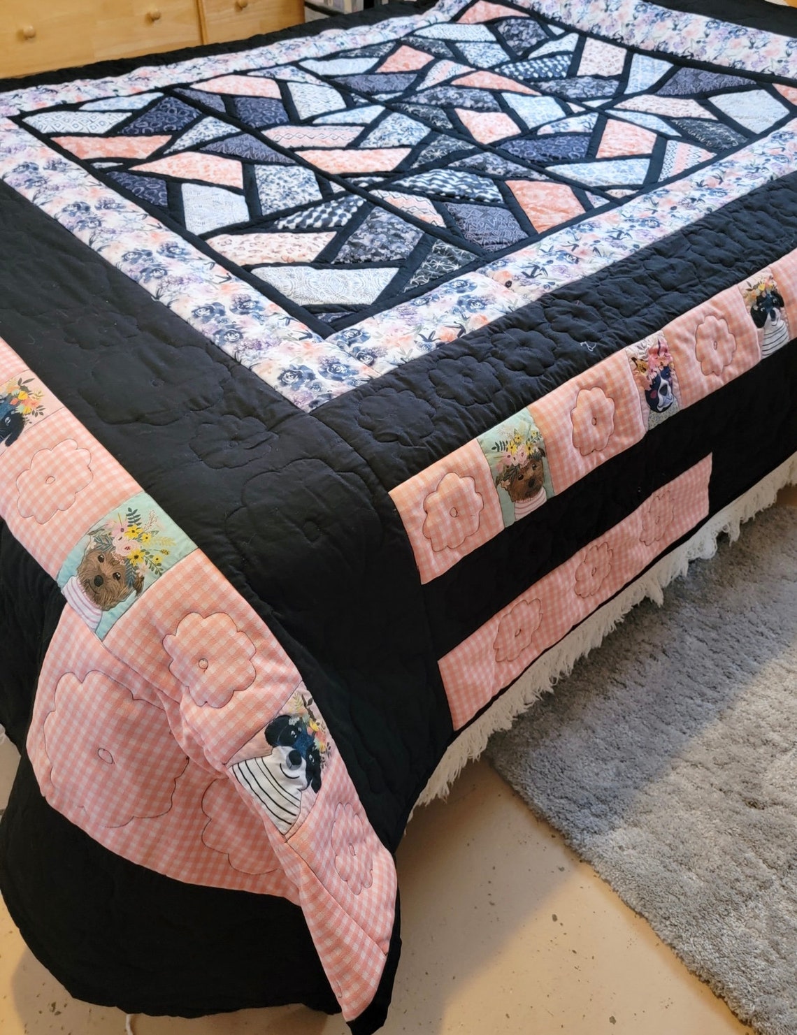 Patchwork Puppy Quilt, Puppies, Puppy Quilt, Flowers and Puppies, Flowers, Pink Puppies, Girls ...