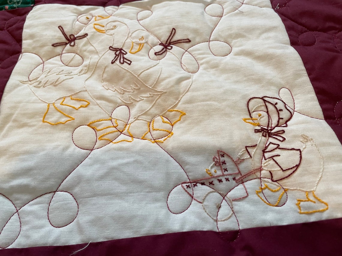 Hand Embroidered Block Quilt, Hand Embroidery, Duck Embroidery, Hand ...