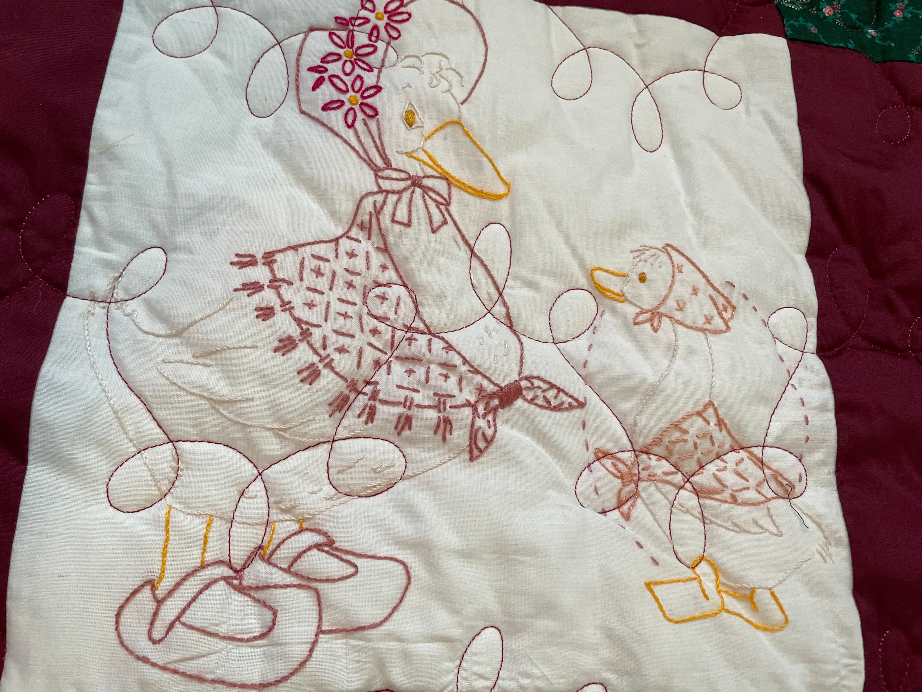 Hand Embroidered Block Quilt, Hand Embroidery, Duck Embroidery, Hand ...