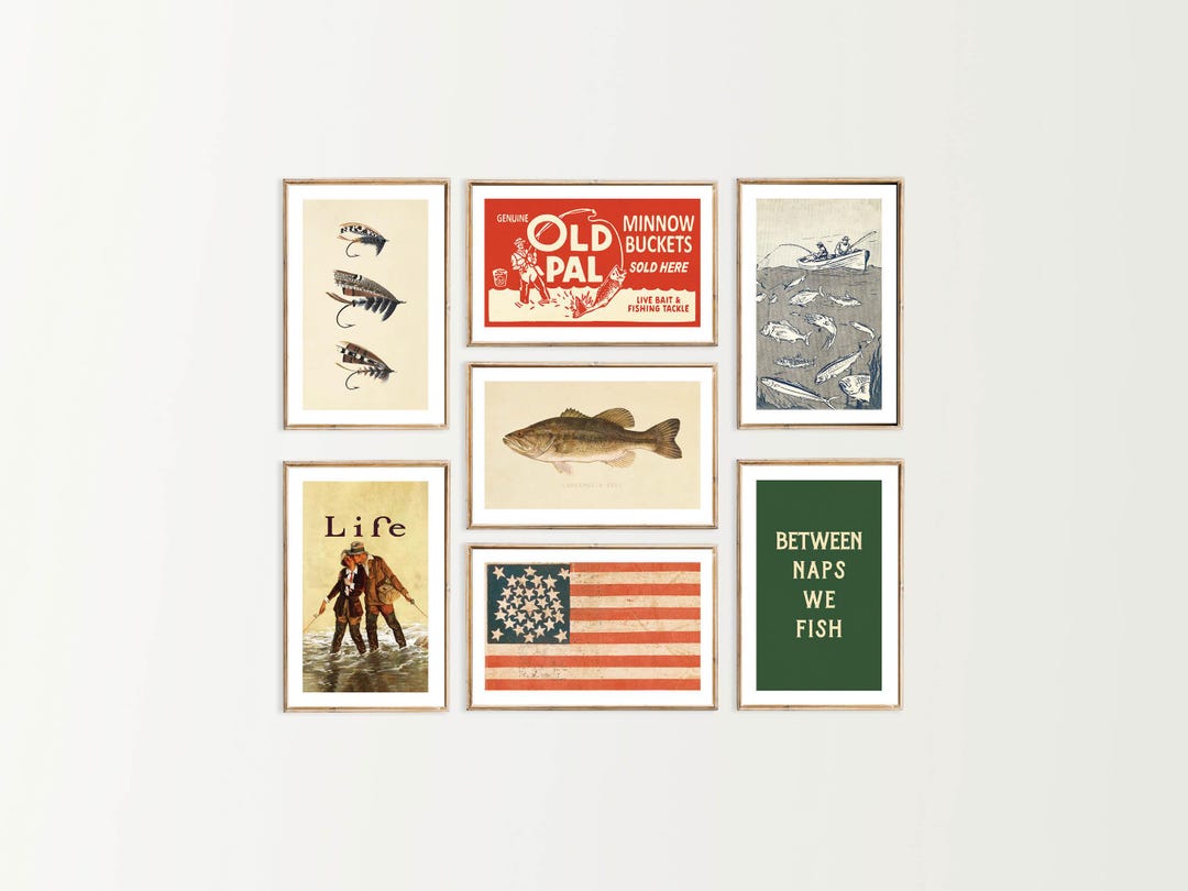 Retro Fishing Prints Outdoors Art Gift for Fisherman Set of 7 Angling ...