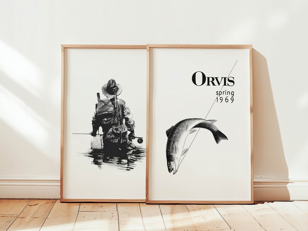 River Trout Fly Fishing Prints Retro Fisherman Art Set of 2 Posters ...